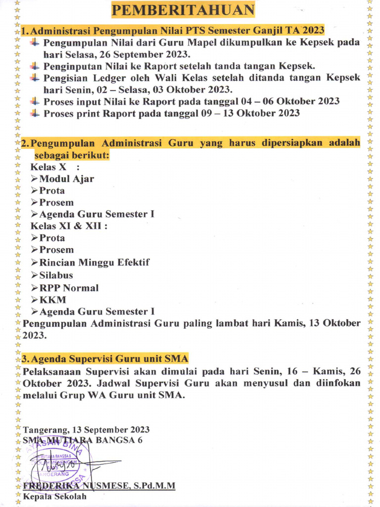 Memo Pemberitahuan Agenda Guru - Unit SMA - TA 2023 2024 | PDF