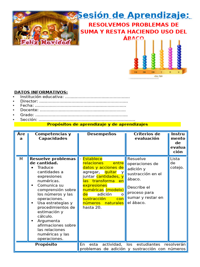 1° Sesión Mat Resolvemos Problemas de Suma y Resta Haciendo Uso Del Ábaco-Acr | PDF ...