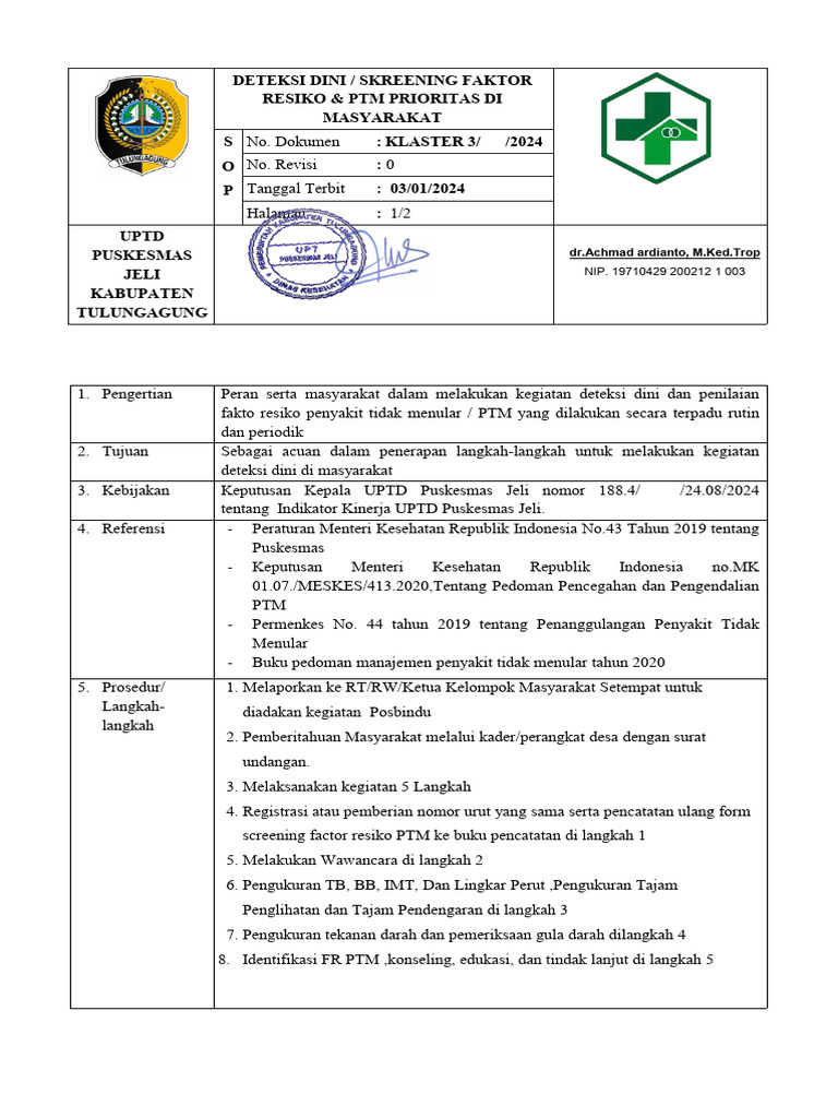 SOP Deteksi Dini Atau Skreening Faktor Resiko Dan PTM Prioritas Di Masyarakat | PDF