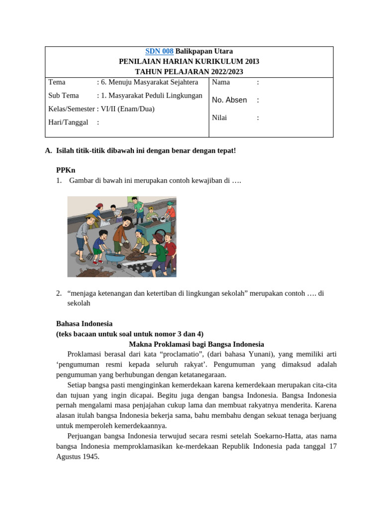 Soal Ulangan Tema 6 Sub Tema 1 | PDF
