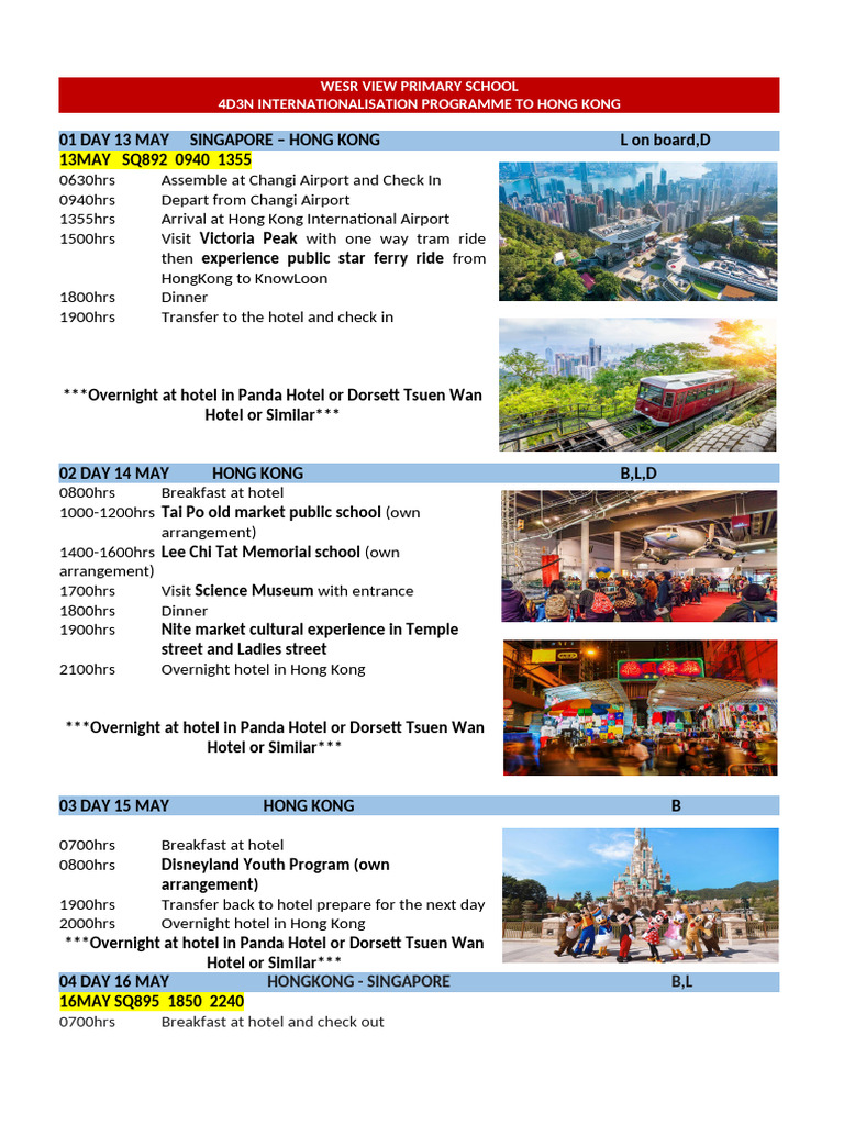 Hong Kong 4D3N School Trip Itinerary | PDF