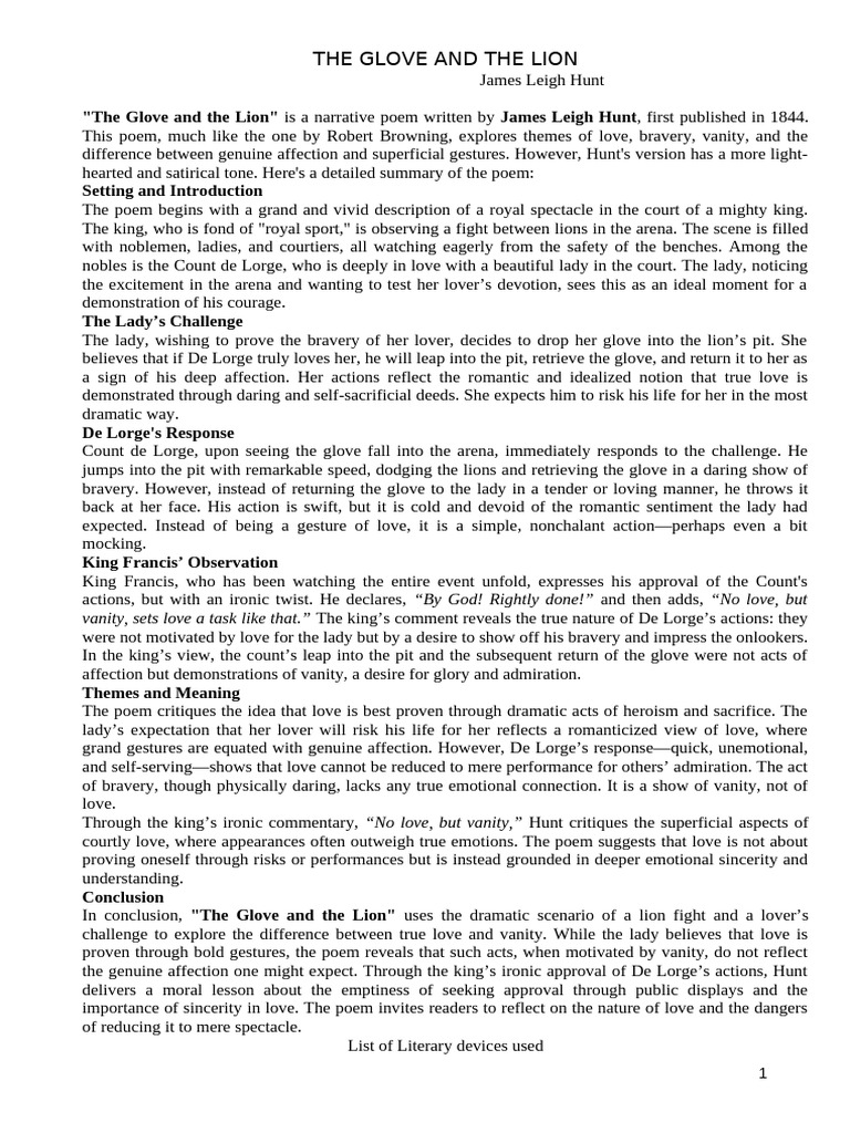 The Glove and The Lion Literary Device | PDF | Courage | Love