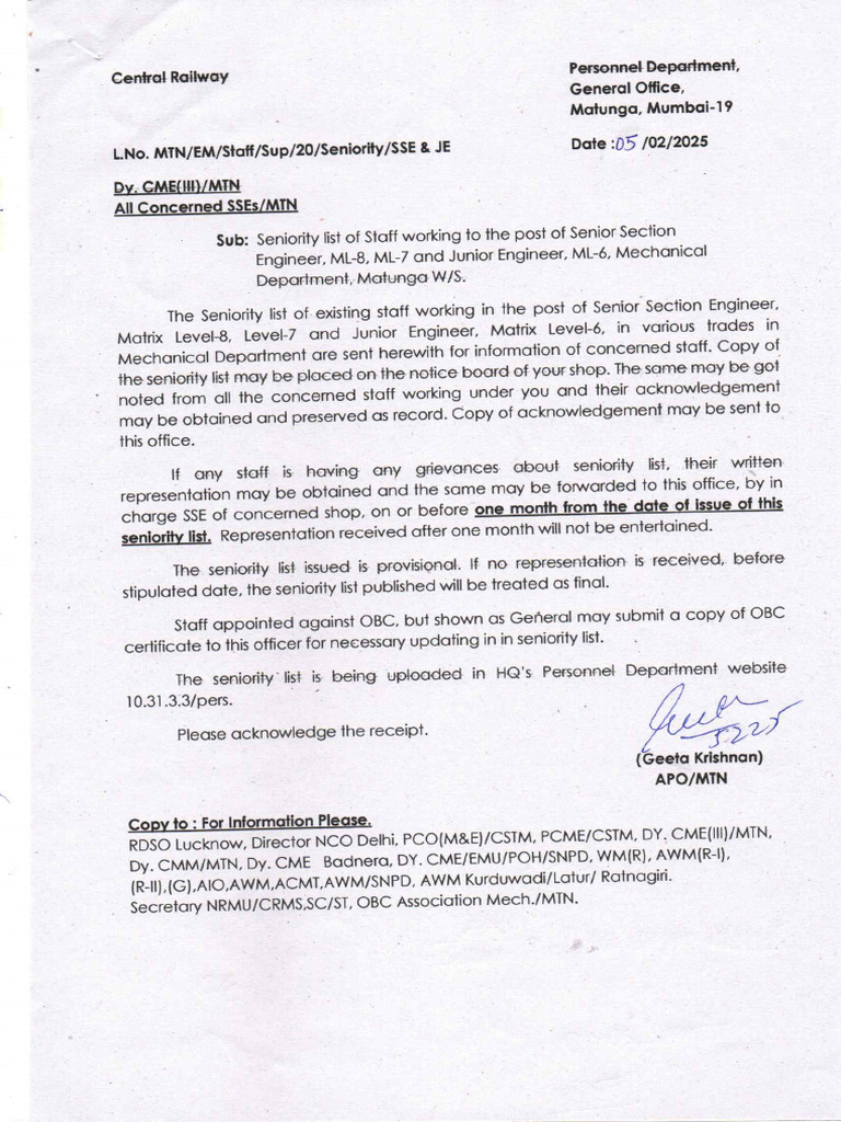 Seniority List of SSE L-8, L-7 & JE L-6, 2025 | PDF