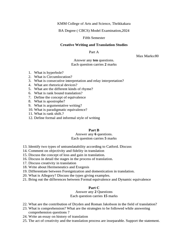 Creative Writing & Translation Exam | PDF