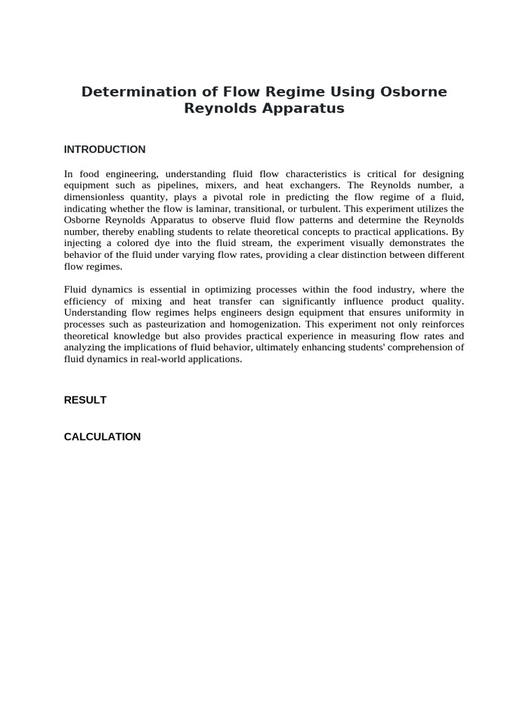 Determination of Flow Regime Using Osborne Reynolds Apparatus | PDF ...