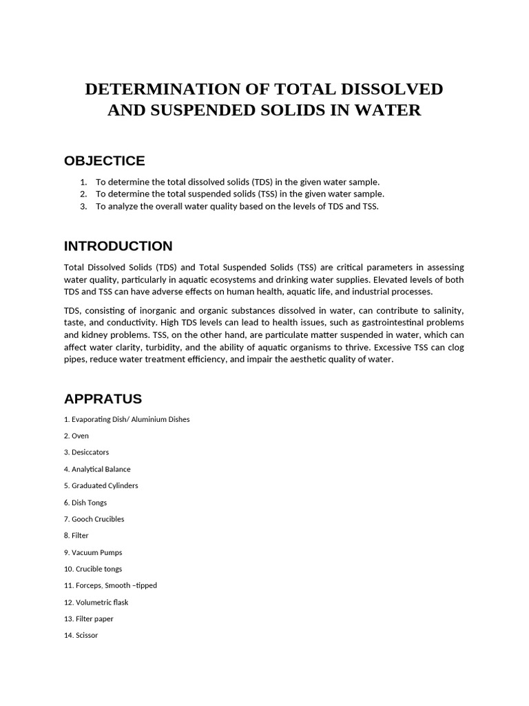Determination of Total Dissolved and Suspended Solids in Water | PDF ...