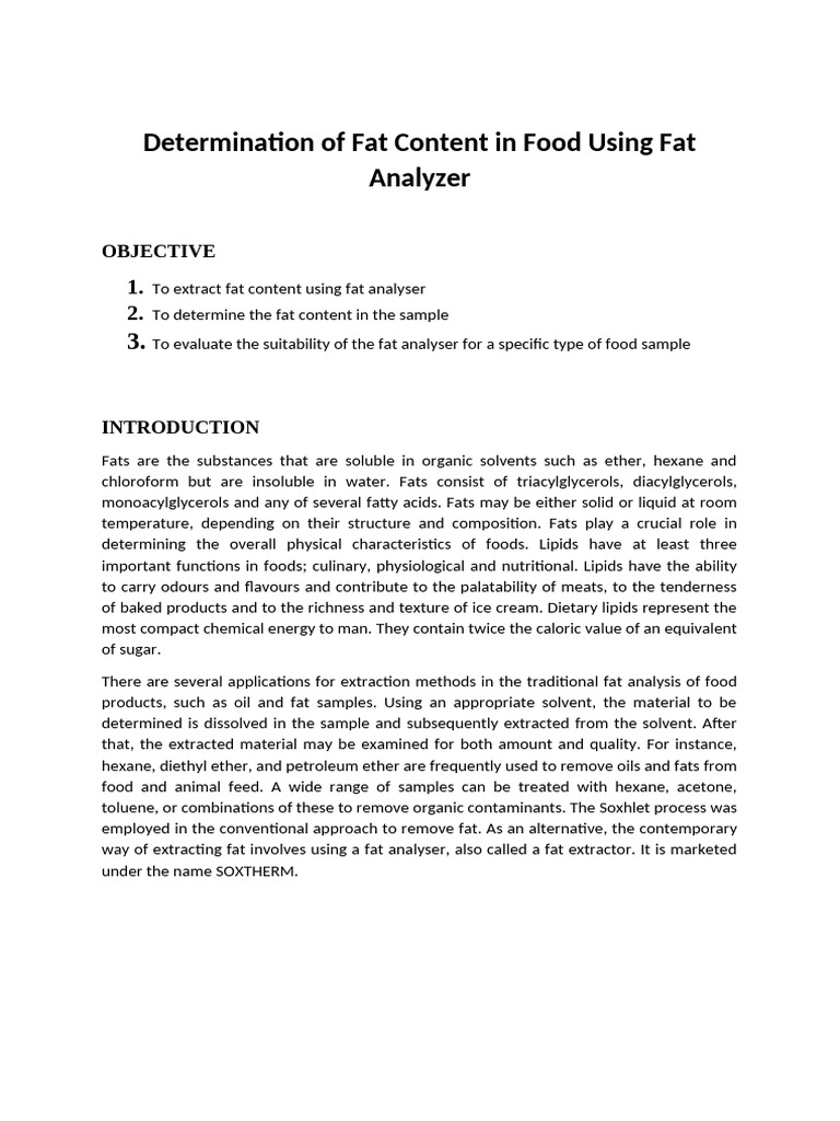 Determination of Fat Content in Food Using Fat Analyzer | PDF | Solvent ...