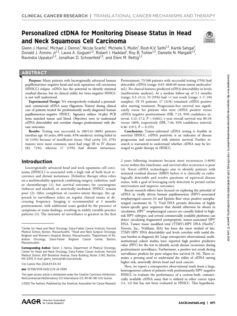 Personalized Ctdna For Monitoring Disease Status in Head and Neck ...