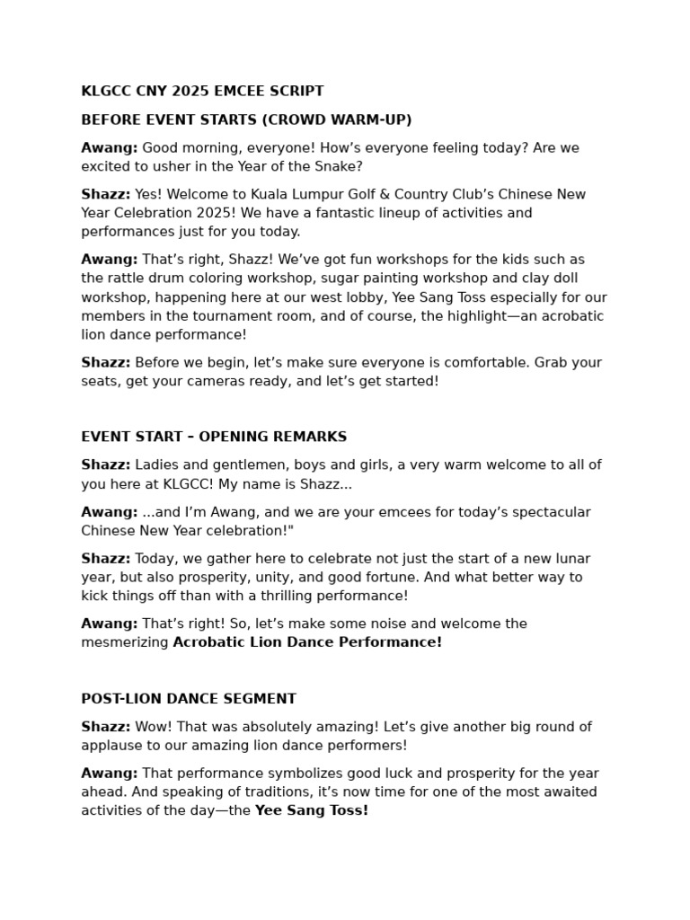 KLGCC CNY 2025 EMCEE SCRIPT - Edited | PDF