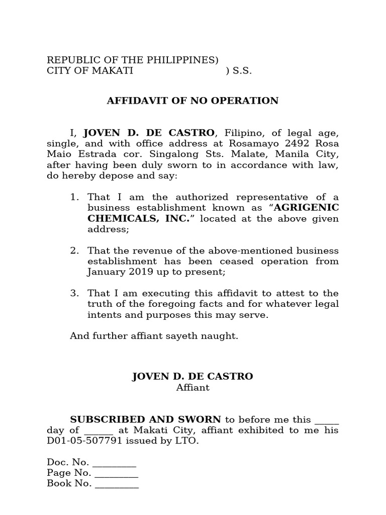 Affidavit No-Operation (Ceased Business) 3 | PDF