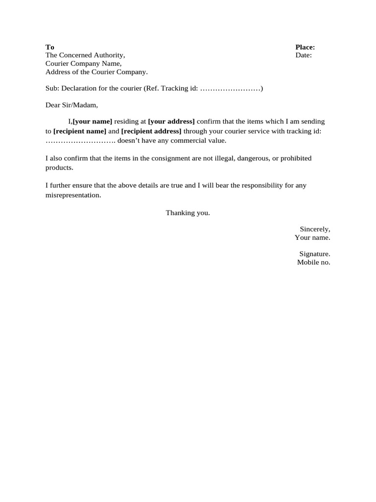 Courier Declaration Format For Non Commercial Value | PDF