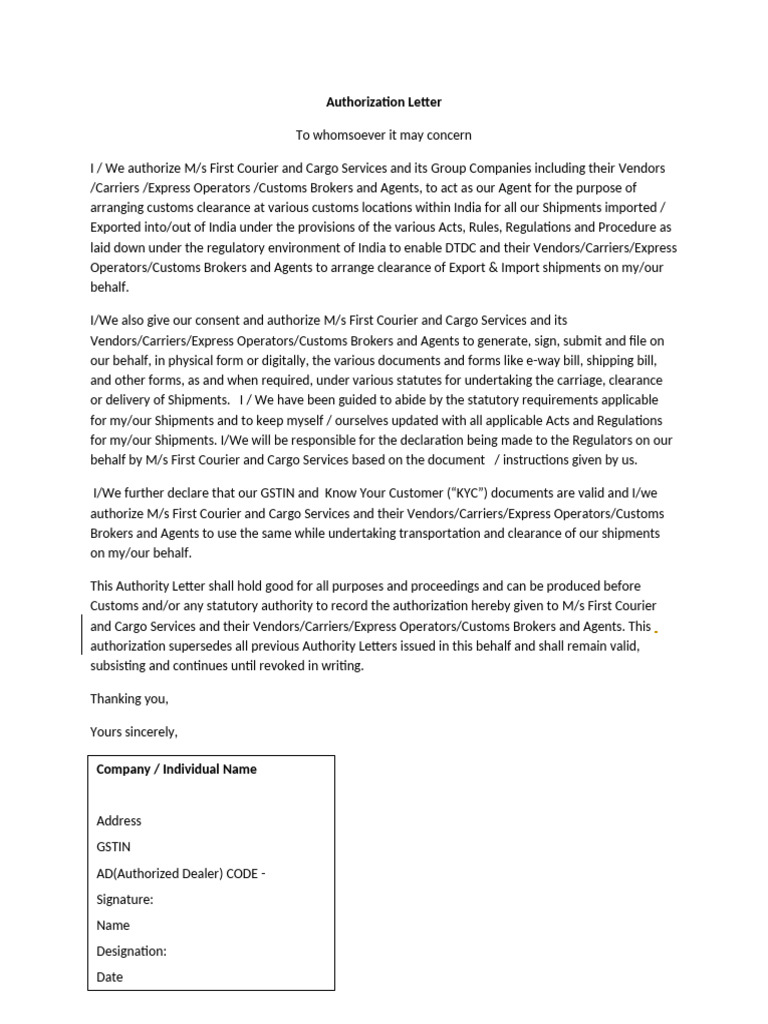 DTDC Kyc Authorization Letter | PDF