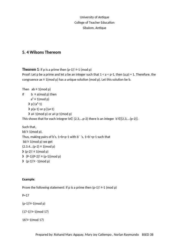 Wilson's Theorem and Quadratic Congruences | PDF | Mathematics | Number ...