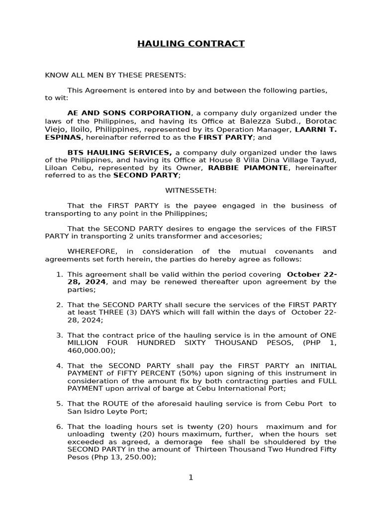 Hauling-Agreement - LAARNI-EDITED | PDF | Common Law