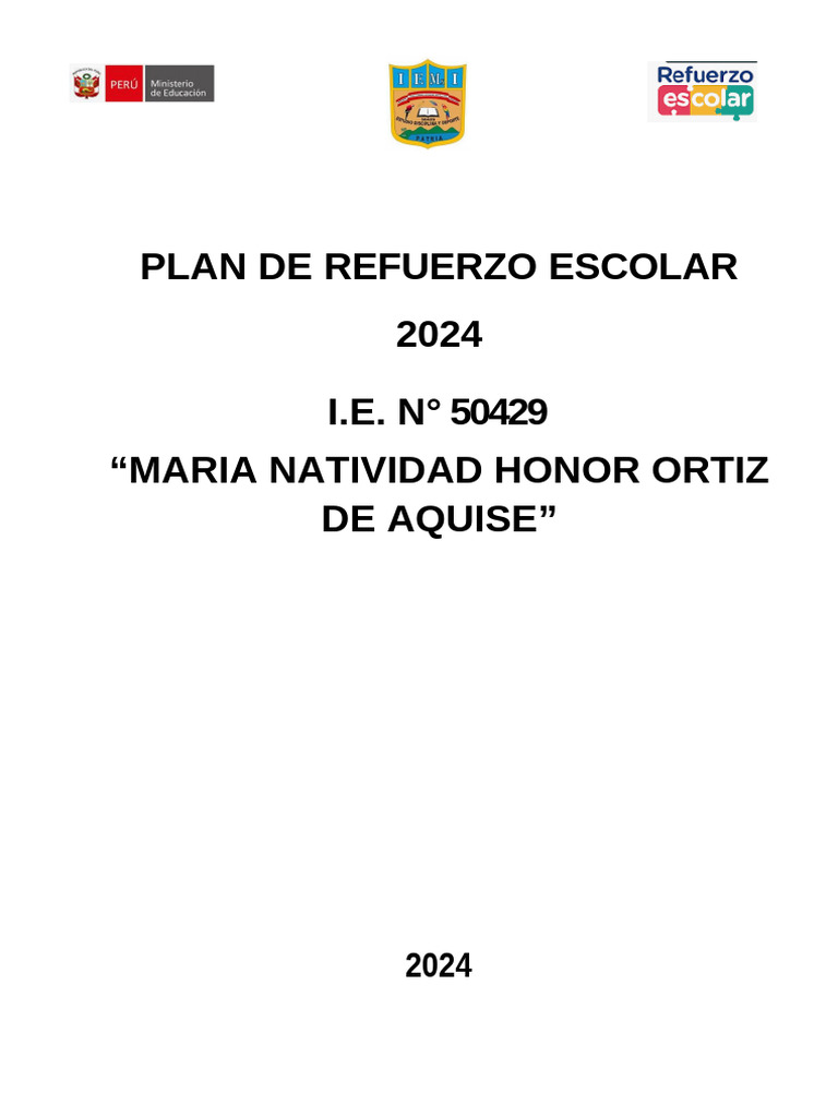 Plan de Refuerzo Escolar 2024 Ie Mnhoa Patria | PDF | Evaluación | Educación de la primera infancia