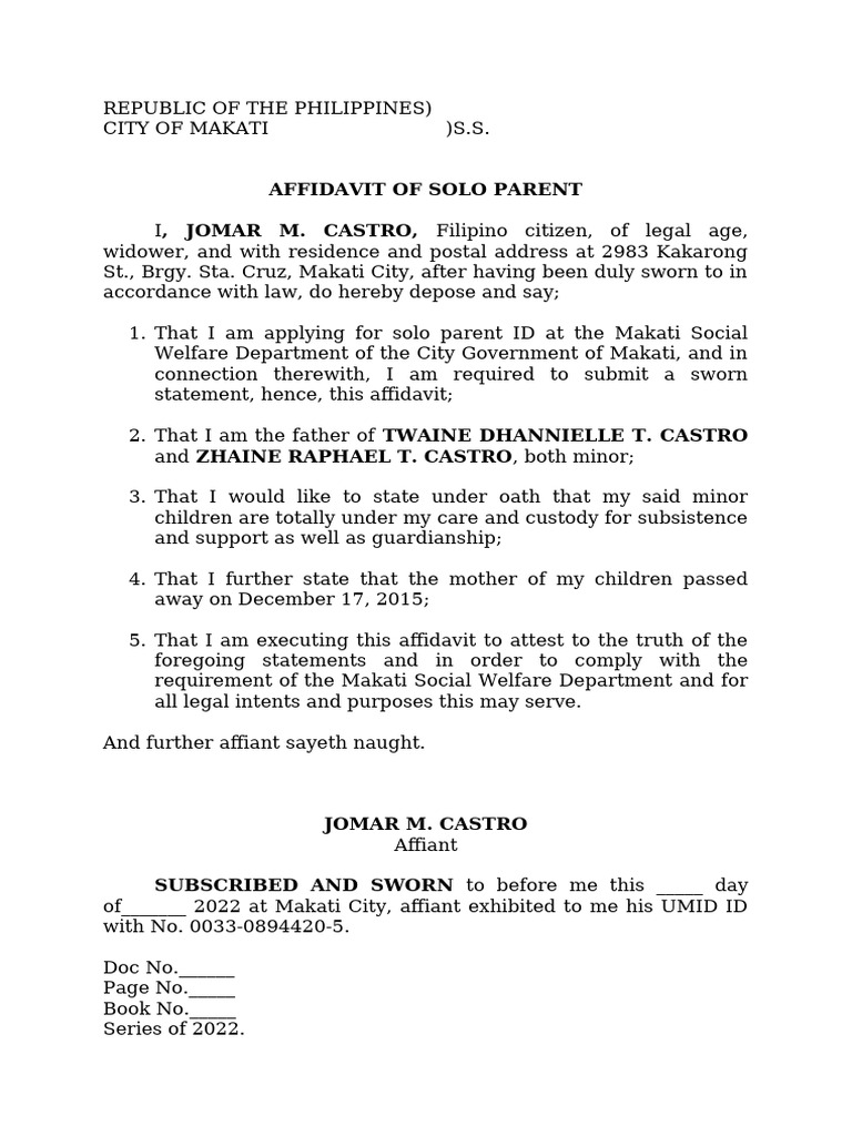 Solo Parent (TWO CHILD) | PDF | Affidavit | Legal Procedure
