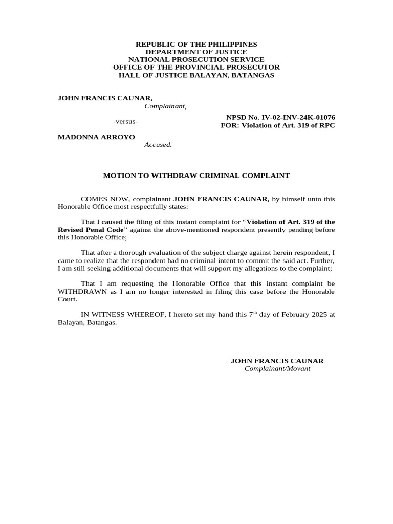Motion To Withdraw Complaint | PDF