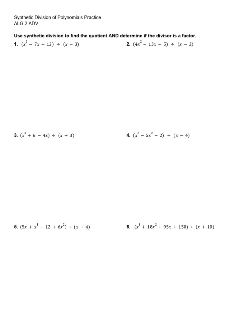 Synthetic Division Practice | PDF