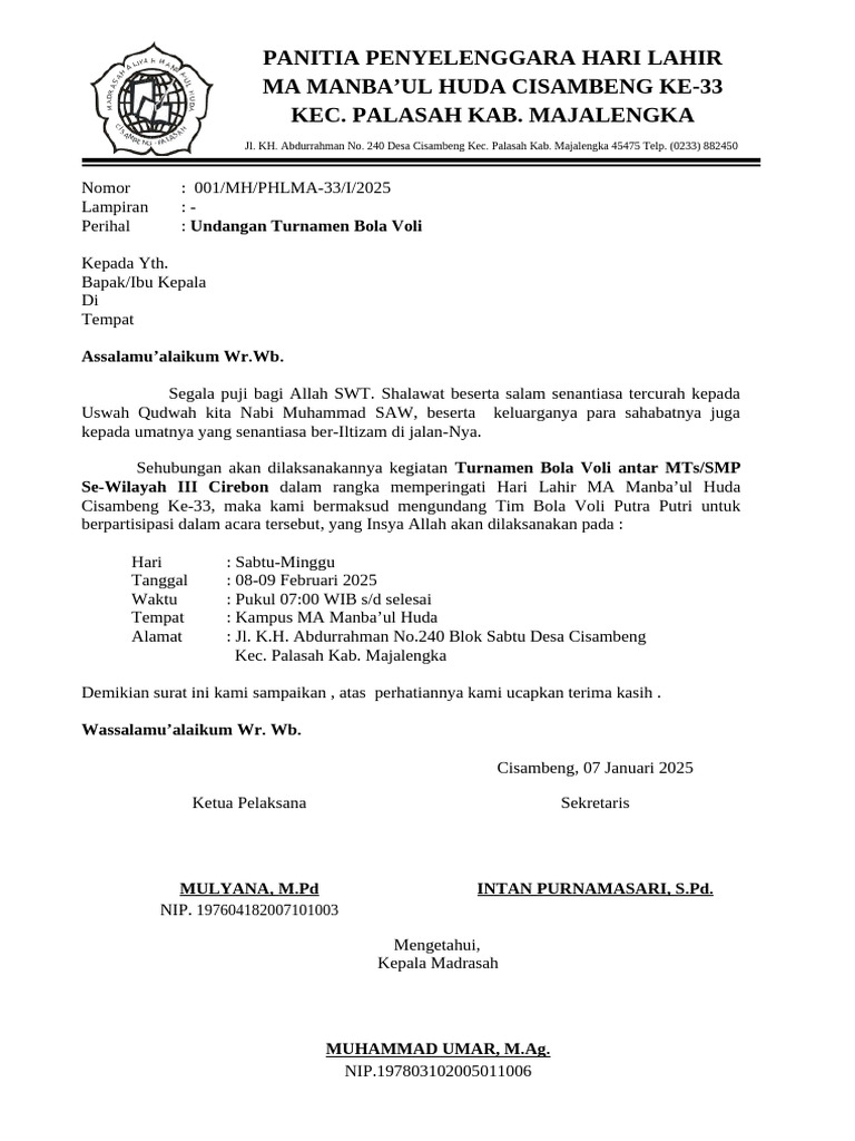 Surat Undangan Harlah Untuk Sekolah 2025 | PDF