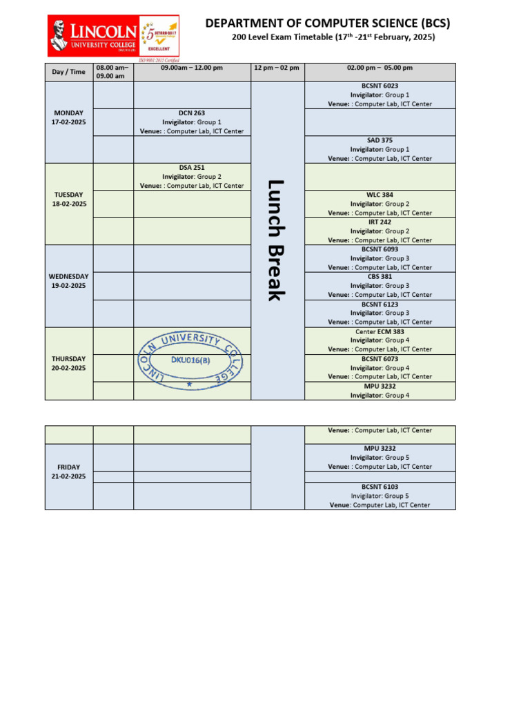BCS 200 Level Exams Timetable February 2025 | PDF