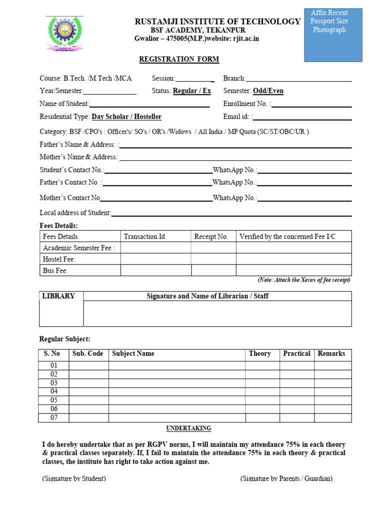 RJIT Student Registration Form | PDF