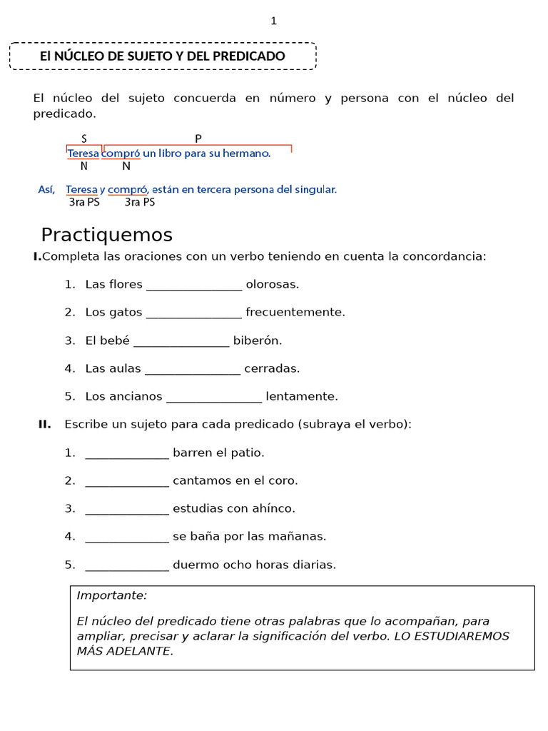 Ejercicios de Concordancia y Análisis Gramatical | PDF | Predicado ...