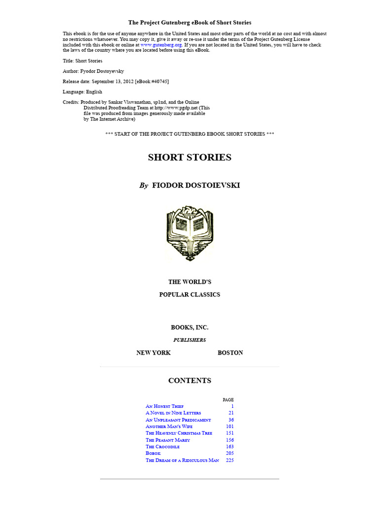 The Project Gutenberg Ebook of Short Stories, by Fiodor Dostoievski | PDF