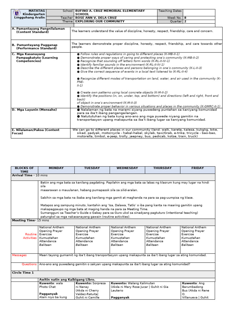 Kindergarten-DLL-Matatag-Q2 - Week 8 | PDF