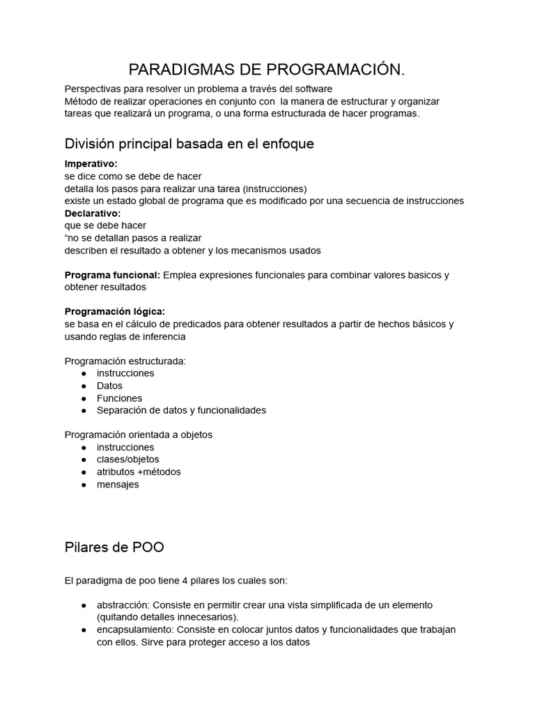 Paradigmas de Programación.: División Principal Basada en El Enfoque | PDF | Objeto (informática ...