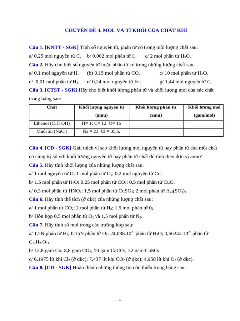 CHUYÊN ĐỀ 4. MOL VÀ TỈ KHỐI CỦA CHẤT KHÍ | PDF