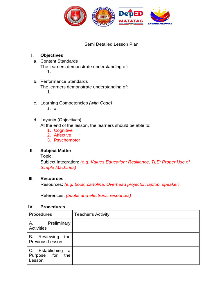 Semi Detailed Lesson Plan Template | PDF