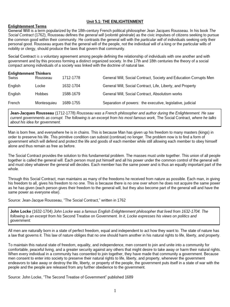 Unit+5 1+Enlightenment+Handout | PDF | Social Contract | Age Of ...