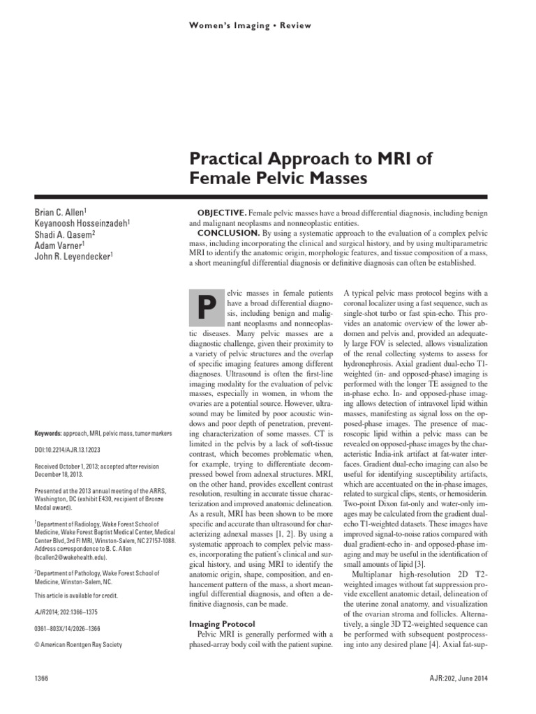 Practical Approach To MRI of Female Pelvic Masses | PDF | Medical ...