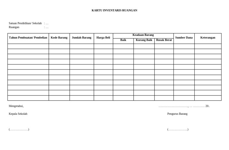 Format Kartu Inventaris Ruangan Sekolah | PDF