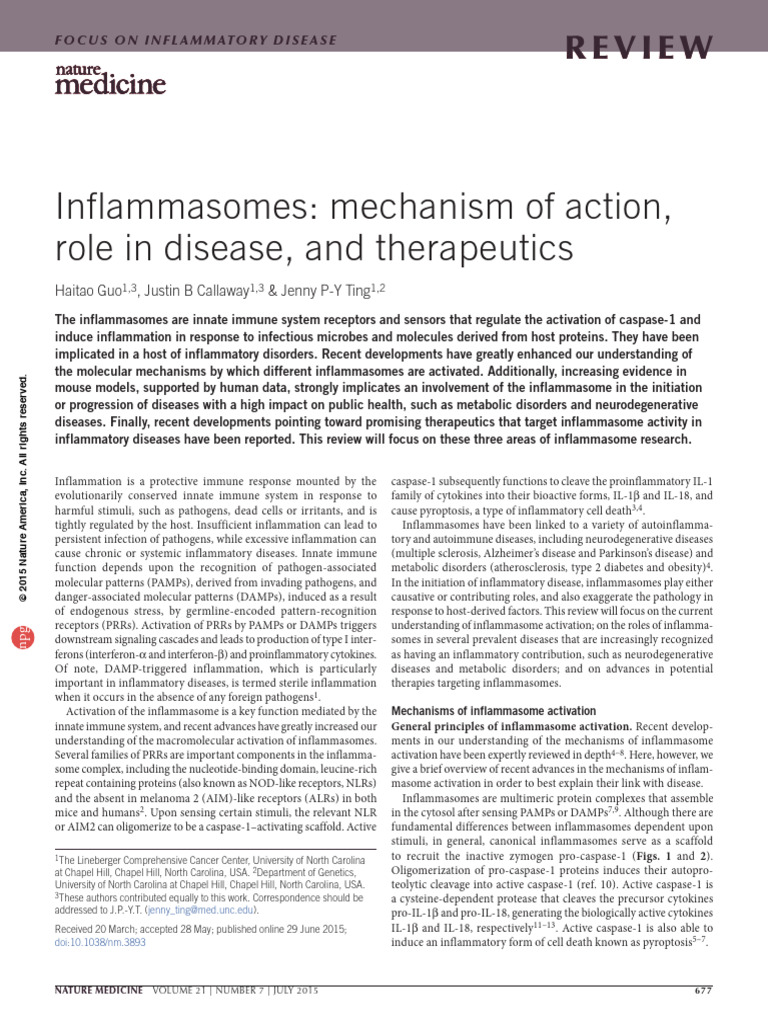 Inflammasomes-mechanism of action, role in disease, and therapeutics ...