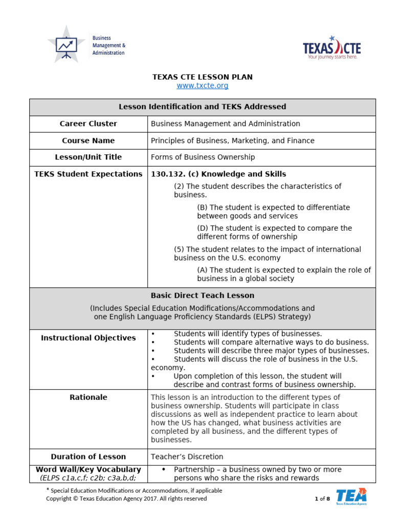 Lesson Plan Forms of Business Ownership - 0 | PDF | Reading ...