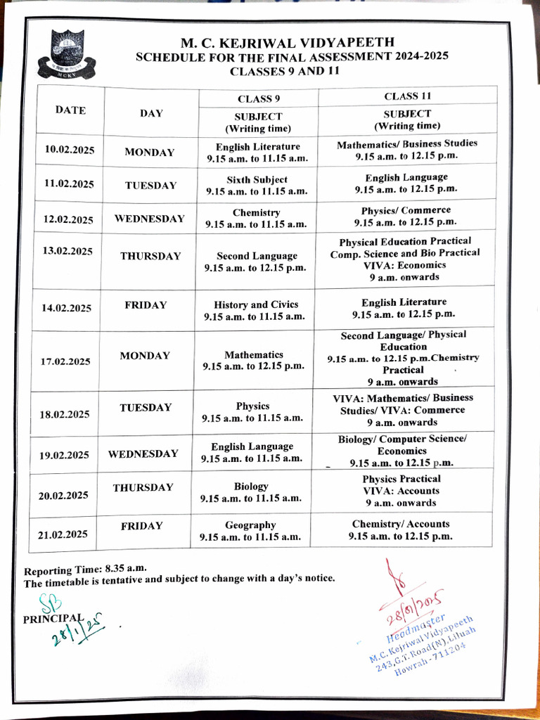 timetable for final assessment 11 ISC | PDF | Science
