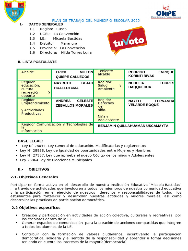 Plan de Trabajo Municipio Escolar 2025 | PDF | Alcalde