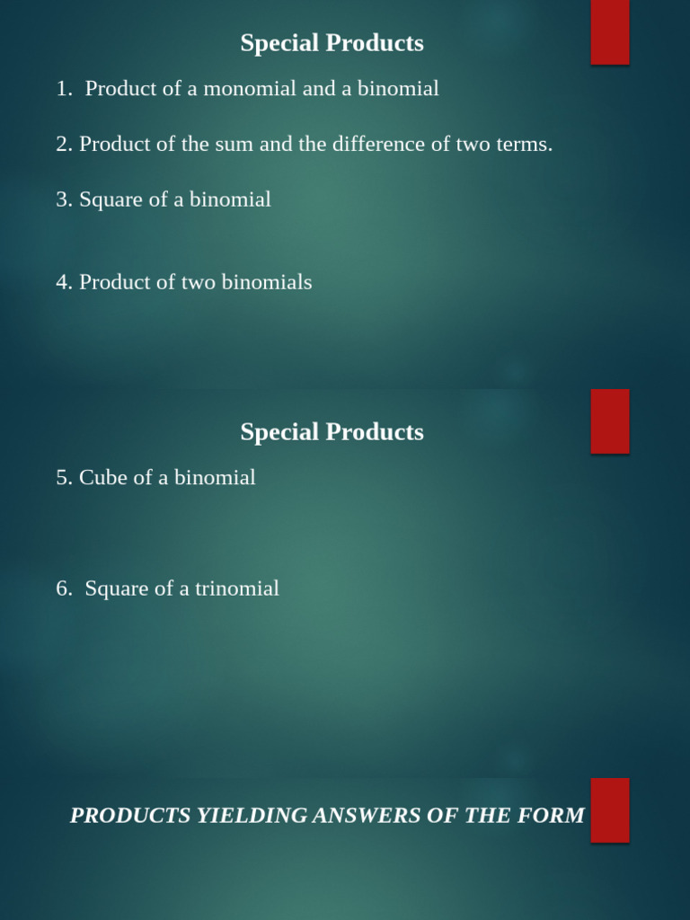 Factoring Special Products | PDF | Factorization | Elementary Mathematics