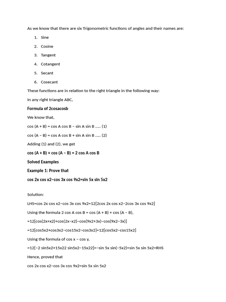 As We Know That There Are Six Trigonometric Functions of Angles and ...