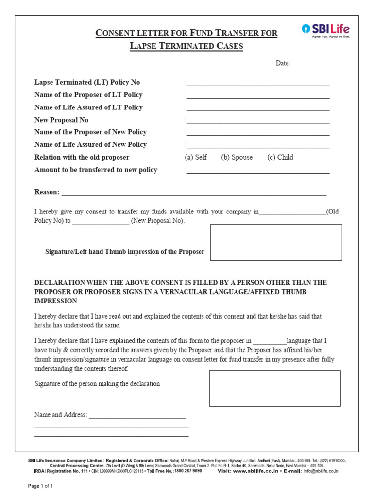 Lapse Terminated Consent Letter For Fund Transfer English+ | PDF