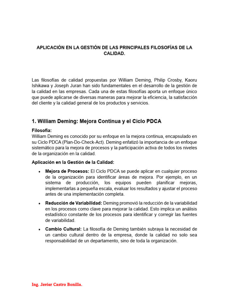 Aplicación en La Gestión e Las Principales Filosofías de La Calidad | PDF | Calidad (comercial ...