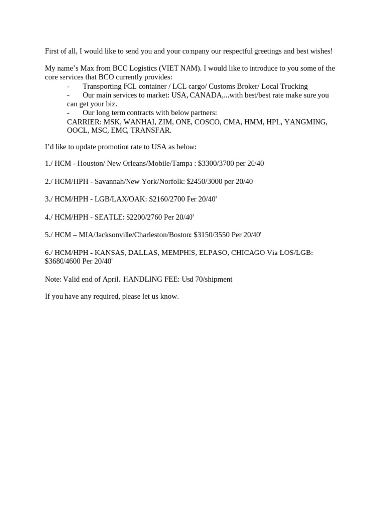 BCO Logistics: USA Shipping Rates & Services | PDF