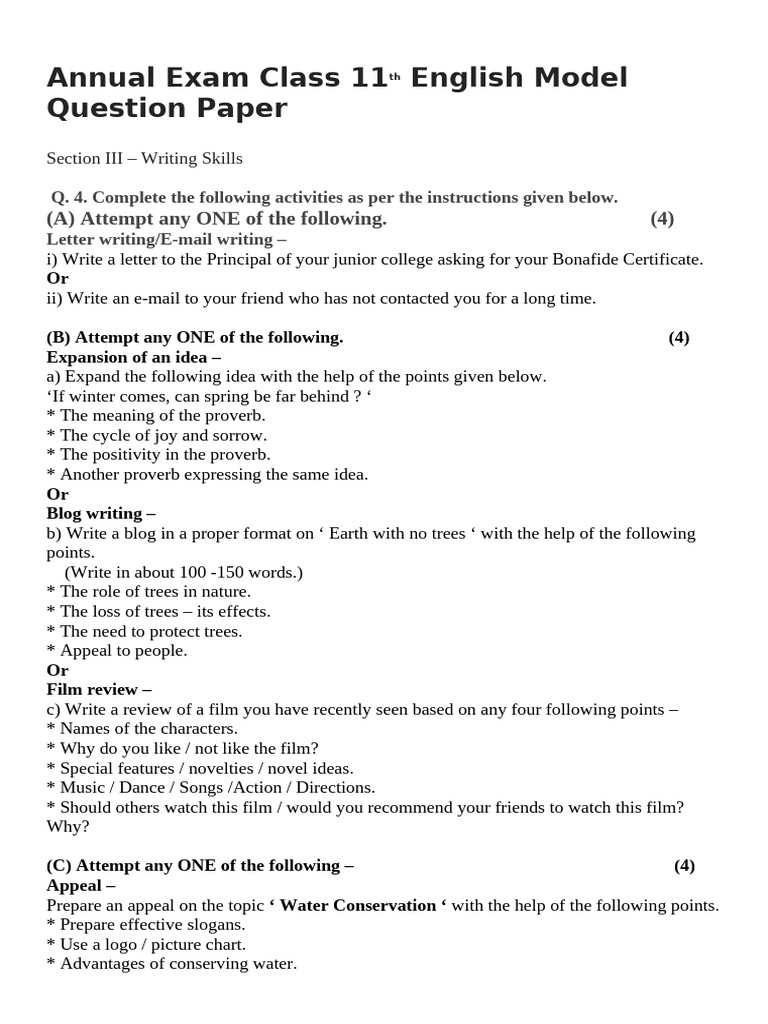 Annual Exam Class 11th ENGLISH | PDF