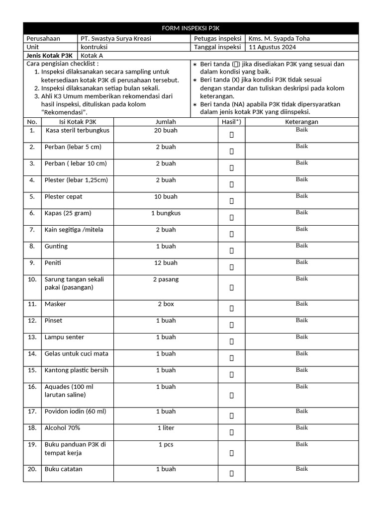 Form Inspeksi P3K | PDF
