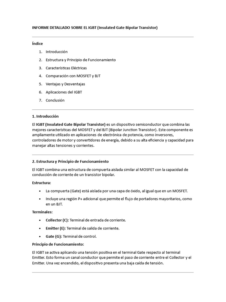 Informe Detallado Sobre El Igbt | PDF | Transistor | Corriente eléctrica