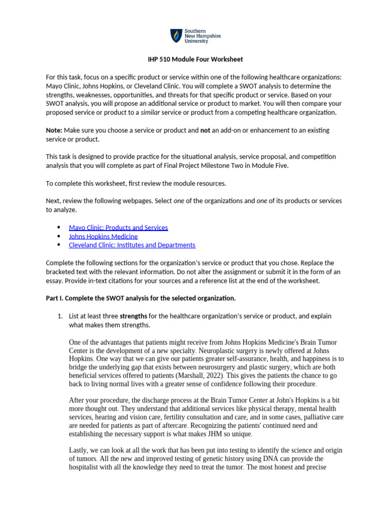 SWOT Analysis for Johns Hopkins Service | PDF | Health Care | Mental Health