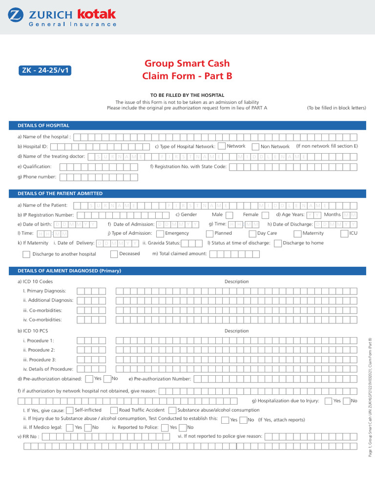 Kotak Smart Cash Claim Form Part B | PDF | Hospital | Medicine