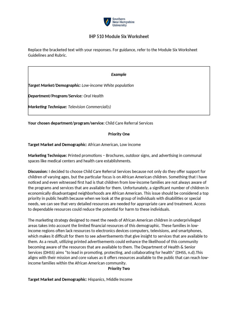 IHP 510 Module Six Worksheet | PDF | Marketing | Poverty
