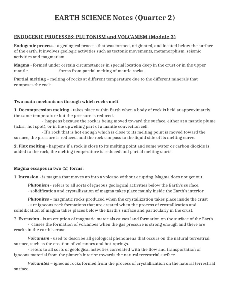 EARTH SCIENCE Notes Q2 Endogenic To Faults | PDF | Magma | Rock (Geology)